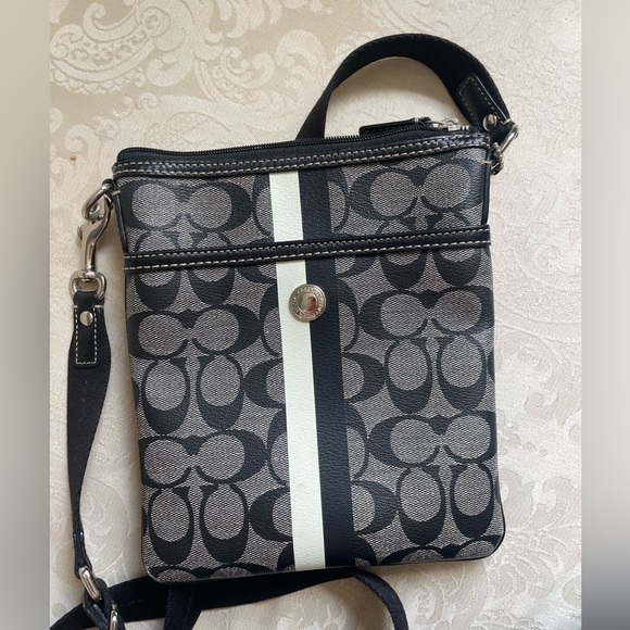Coach | Bags | Coach Heritage Black Signature Stripe Chelsea Canvas Leather Crossbody Bag | Poshmark